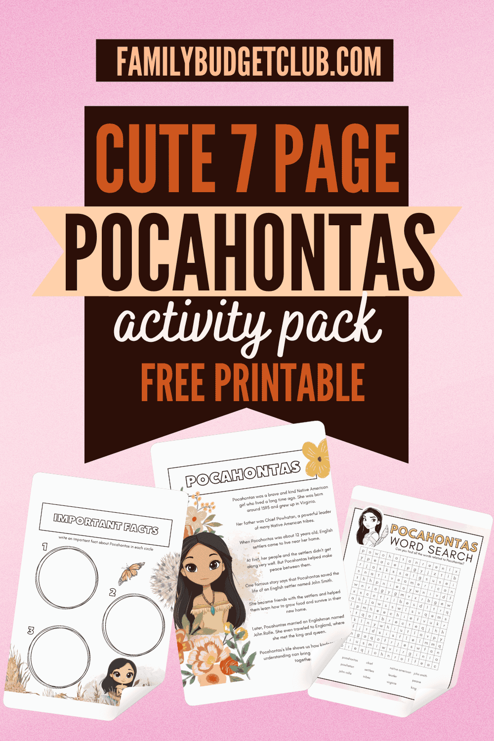 Free Pocahontas Worksheets for 3-4th Graders - Family Budget Club